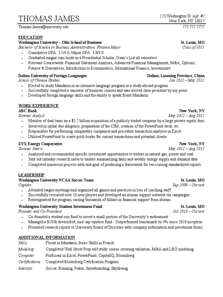 WSO Resume Template for Finance Careers | PDF | Investment Banking ...