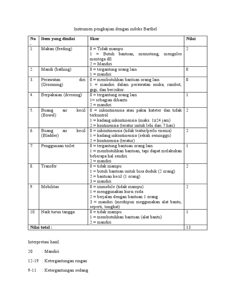 Instrumen Pengkajian Dengan Indeks Barthel DG Nilai | PDF