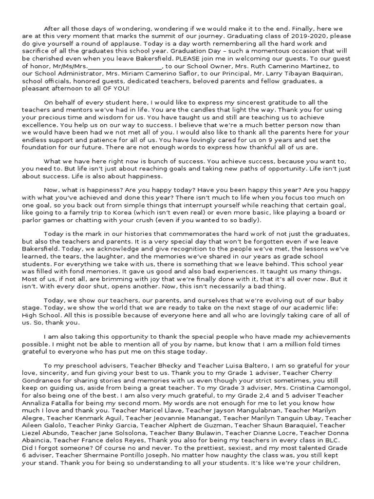 Sample Valedictorian Speech | PDF | Behavior Modification | Schools