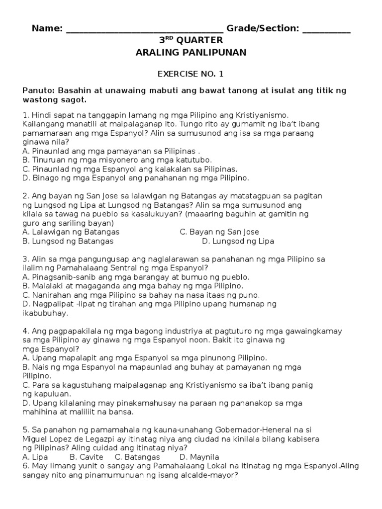 3RD Quarter Quiz Grade 5 Ap | PDF