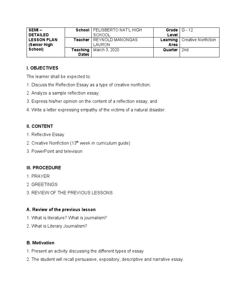 Semi Detailed Lesson Plan in Creative Non Fiction | PDF | Essays ...