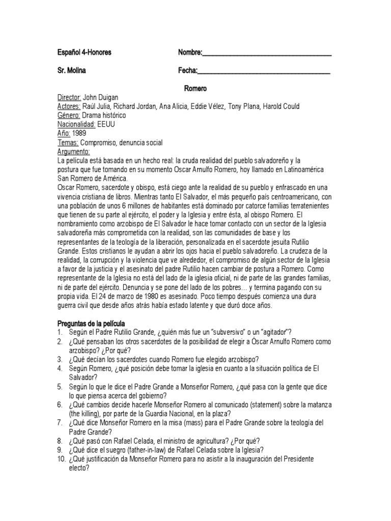 Preguntas de La Pelicula Romero | PDF | Papa | Agitación