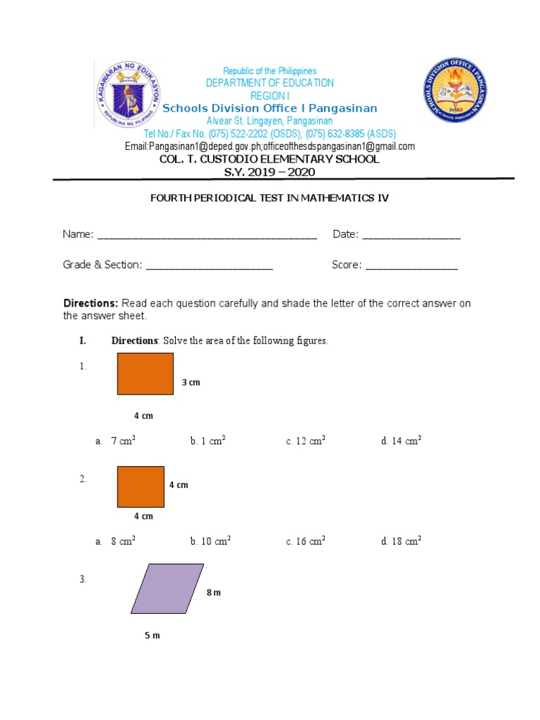 PT - Mathematics 4 - Q4 | PDF | Area | Volume