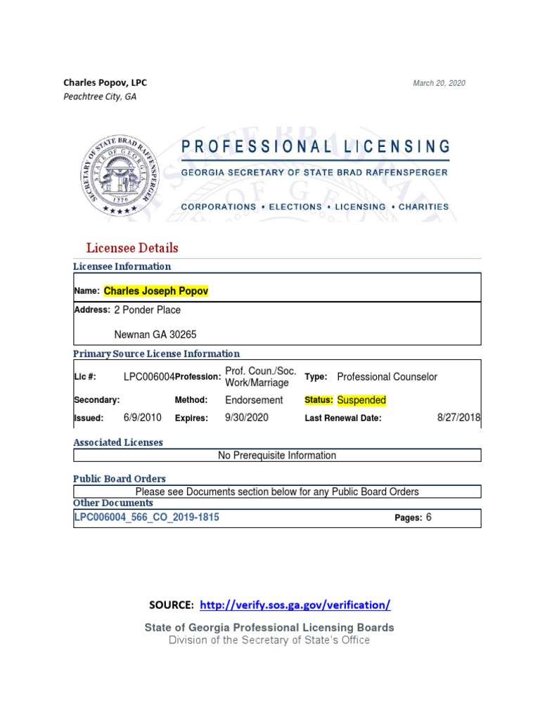 Charles Popov LPC License Status Report | PDF | Politics | Social Science