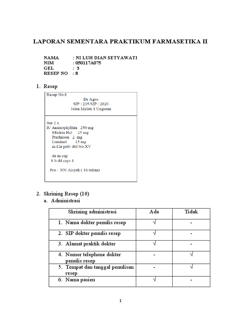Laporan Sementara Praktikum Farmasetika P2 Resep No 8 | PDF