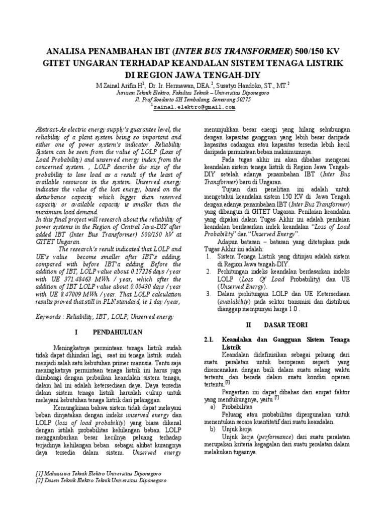 Analisa Penambahan Ibt (Inter Bus Transformer) 500 - 150 KV Gitet ...