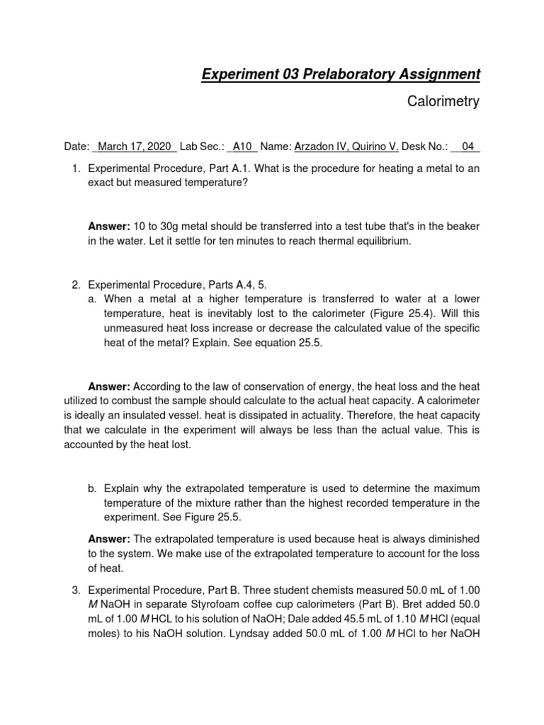 Calorimetry (Pre-Laboratory Assignment) | PDF | Mole (Unit) | Heat