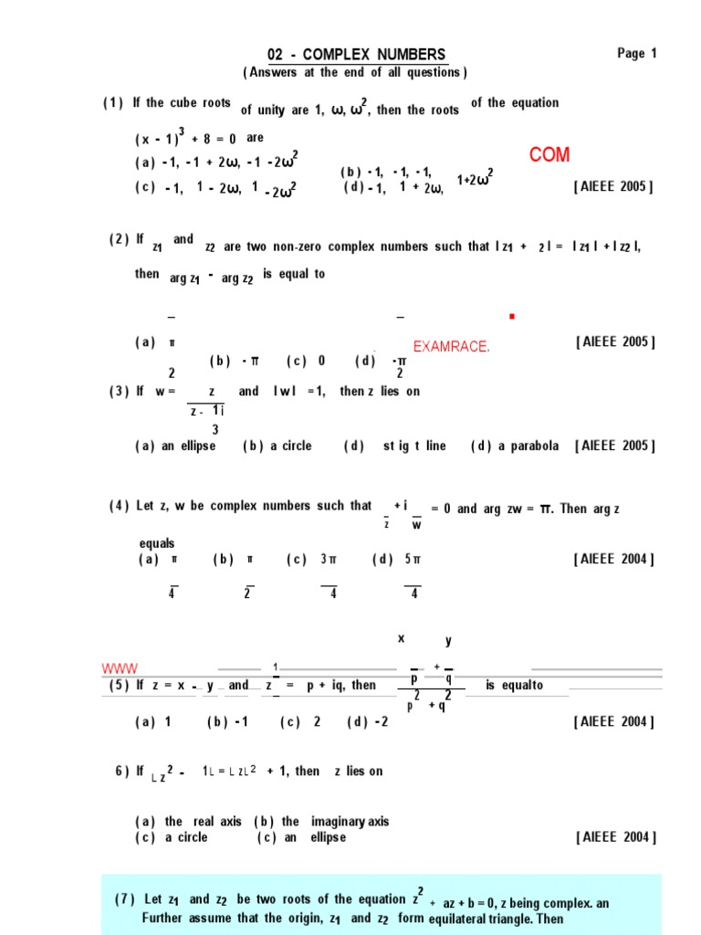 Mathematics Complex Number MCQ | PDF | Complex Number | Abstract Algebra