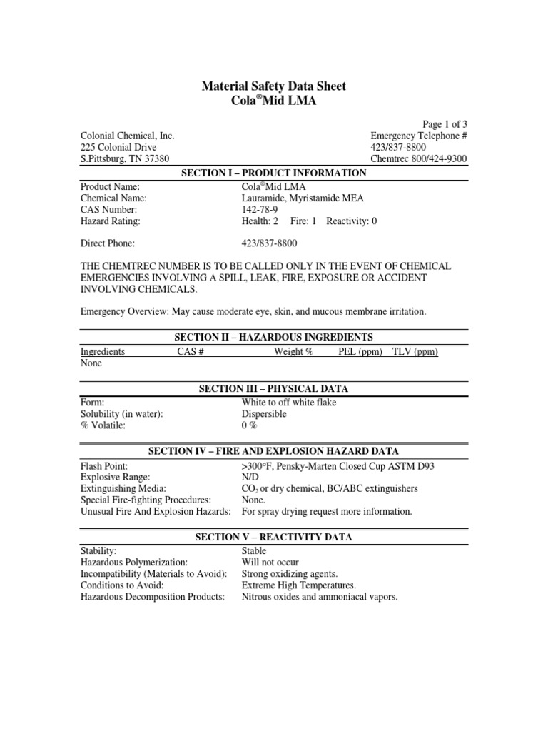 MSDS Colamid Lma | PDF | Personal Protective Equipment | Prevention
