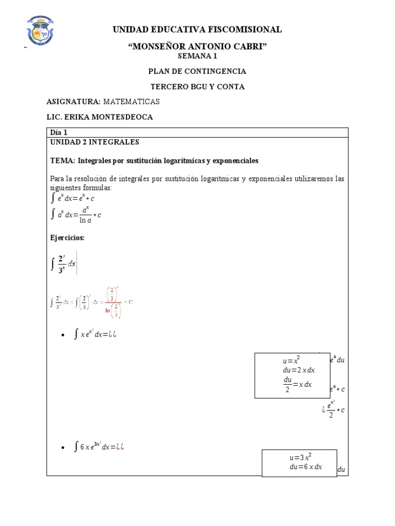 PLAN DE CONTINGENCIA 3ro Bgu y Conta | PDF | Integral | Logaritmo