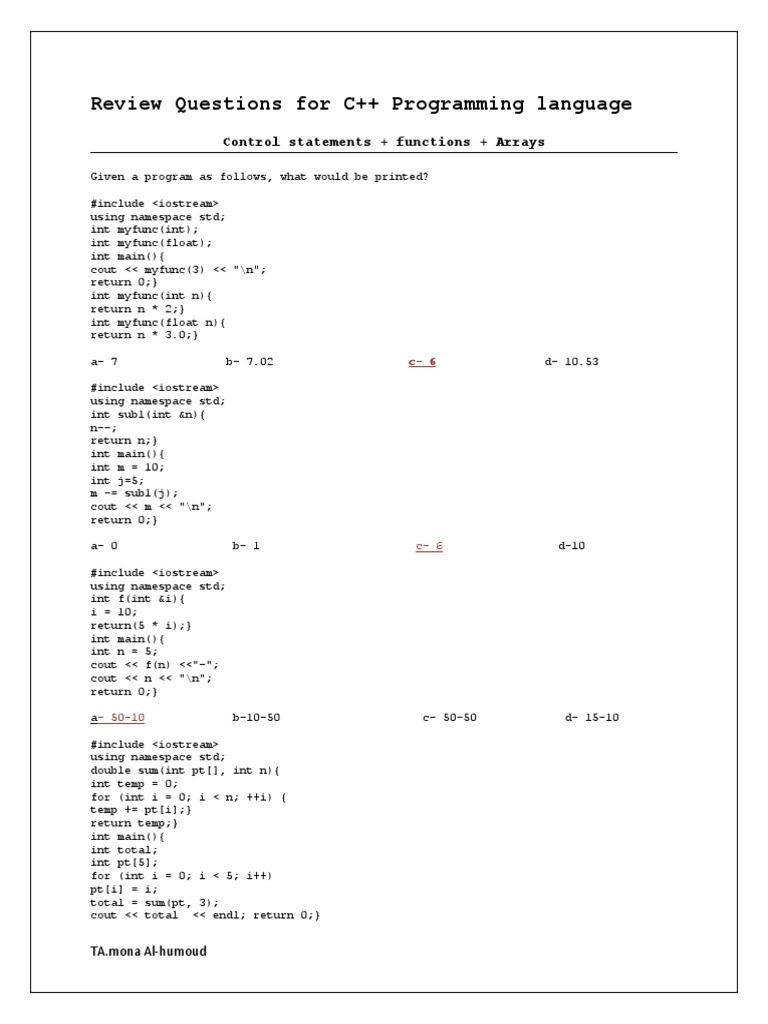 Review Mid2 C Questions Model Answer | PDF | Subroutine | Integer (Computer Science)