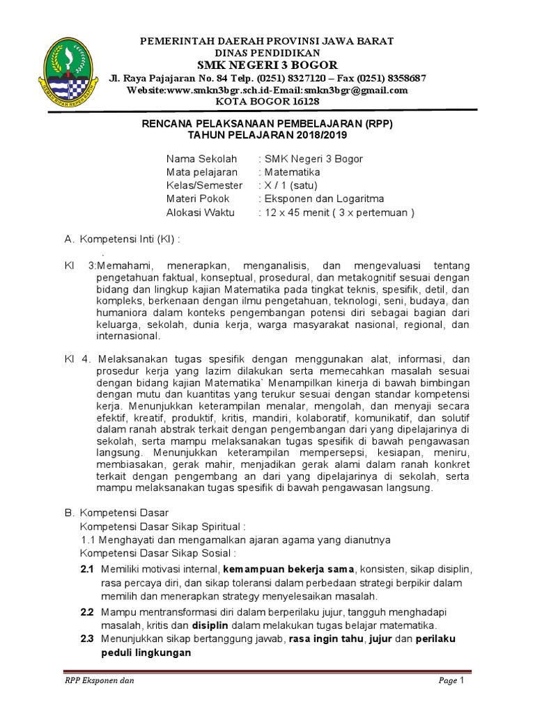 RPP Eksponen Dan Logaritma | PDF