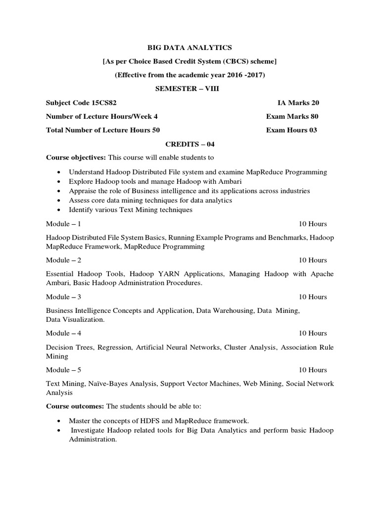 BIG DATA ANALYTICS Syllabus | PDF | Apache Hadoop | Analytics