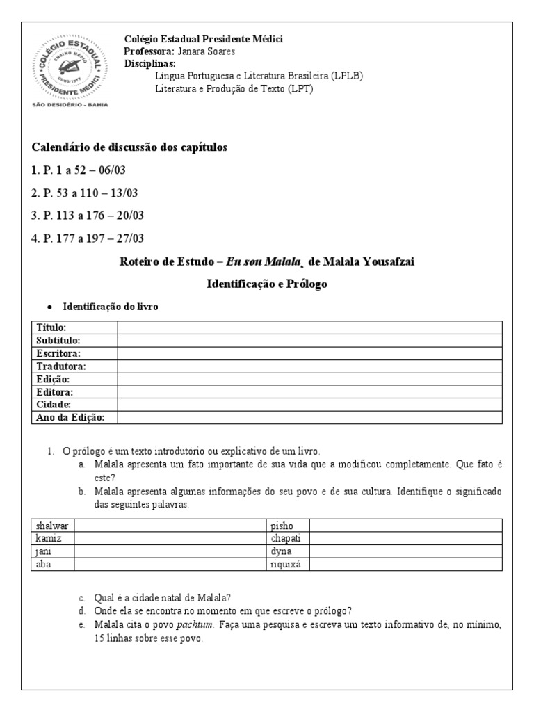 Roteiro 1 - Eu Sou Malala | PDF | Poesia Roteiro 1 - Eu Sou Malala | PDF | Poesia