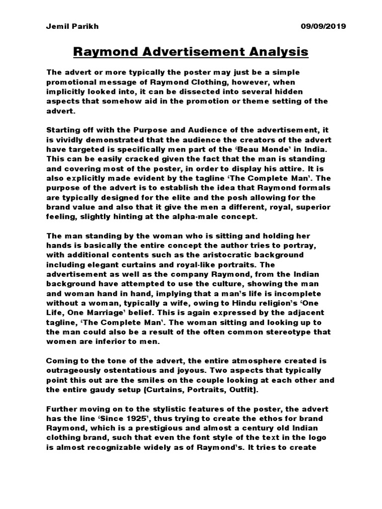 Raymond Advertisement Analysis | PDF | Advertising | Communication