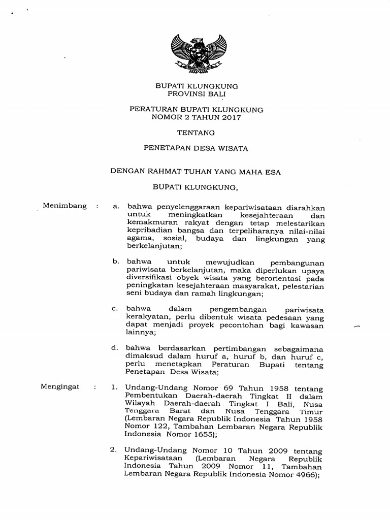 Contoh Perbup Bupati Klungkung Tentang Penetapan Desa Wisata | PDF