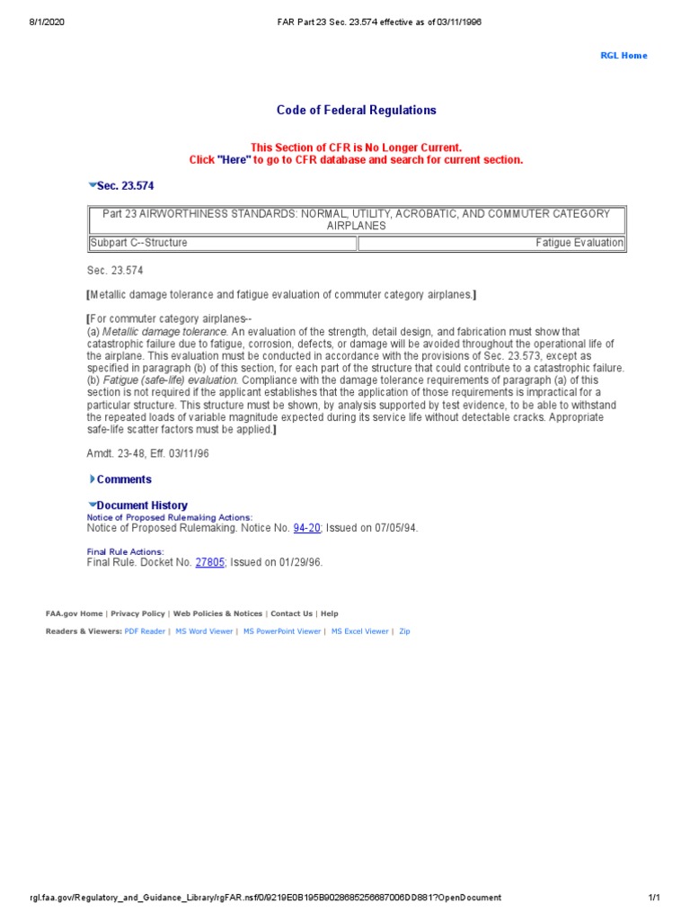 FAR Part 23 Sec. 23.574 Effective As of 03 - 11 - 1996 PDF | PDF | Fatigue (Material) | Business
