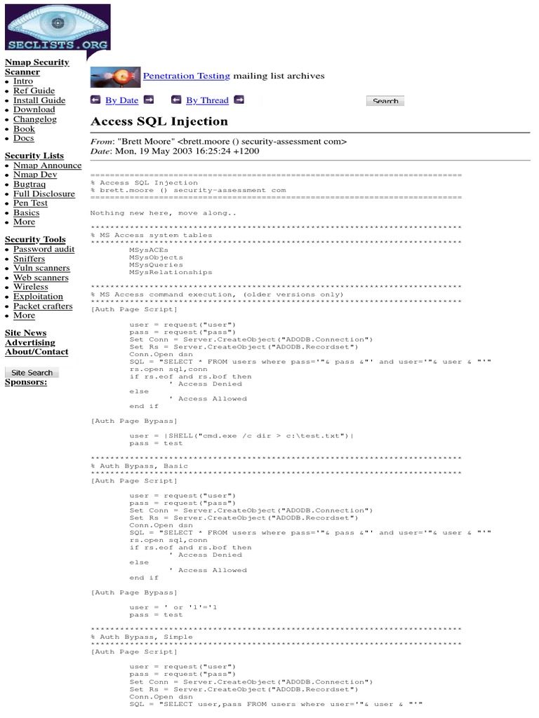 Penetration Testing - Access SQL Injection | PDF | Microsoft Access ...