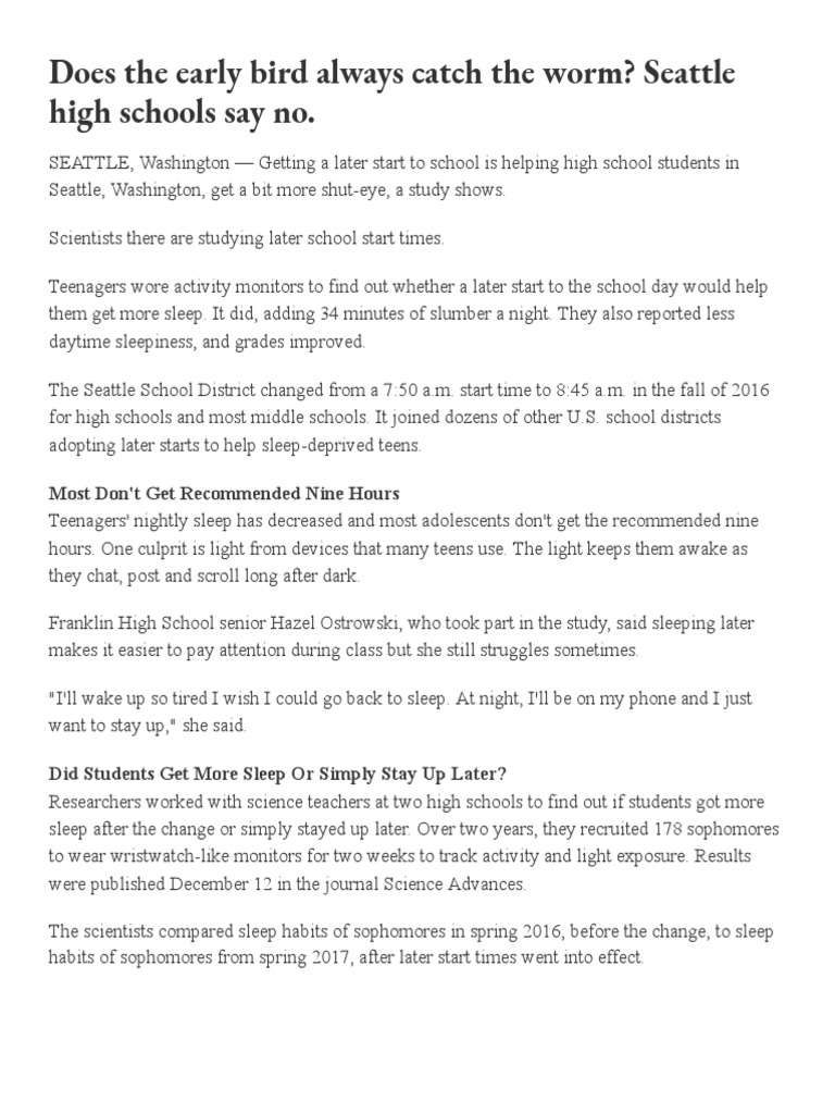 Seattle High Schools' Later Start Benefits | PDF | Sleep | Sleep ...