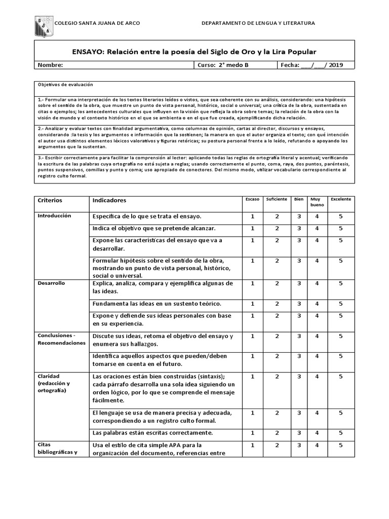Pauta Del Ensayo Literario Siglo de Oro y Lira Popular | PDF | Ensayos ...