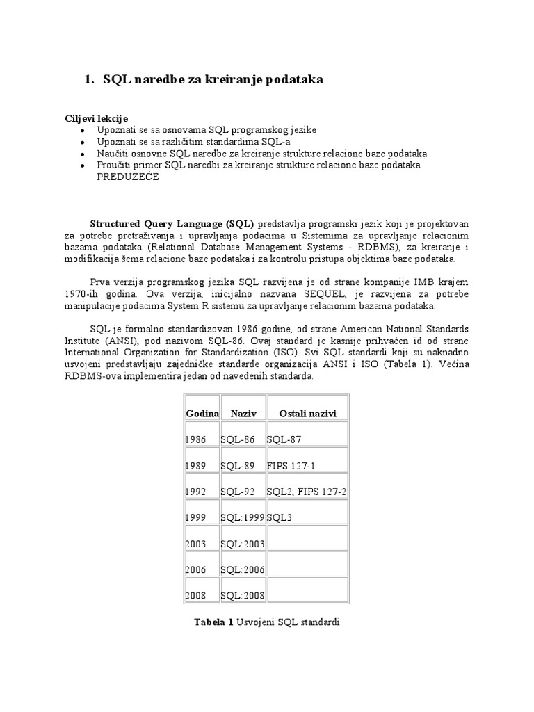 2 SQL Naredbe Za Kreiranje Podataka I Prakticni Rad U Access U | PDF