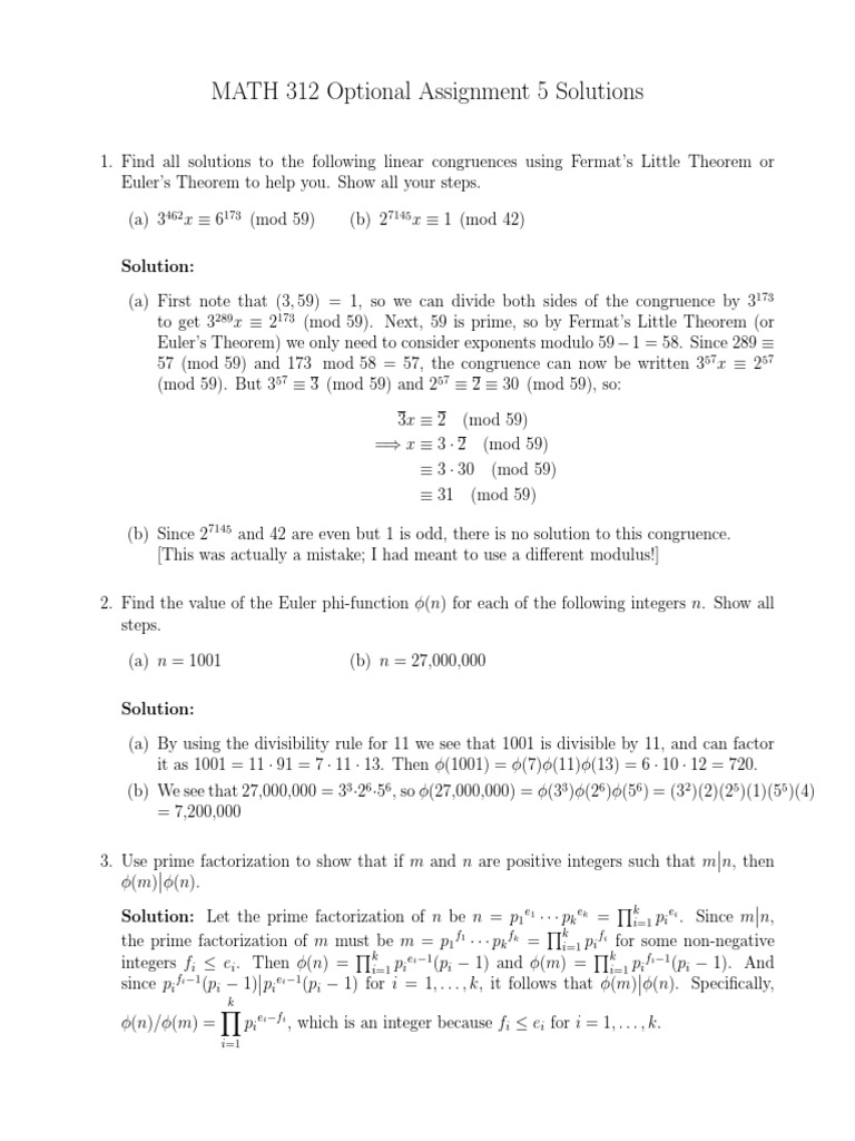 MATH 312 Assignment 5 Solutions 2019 | PDF | Number Theory | Algebra