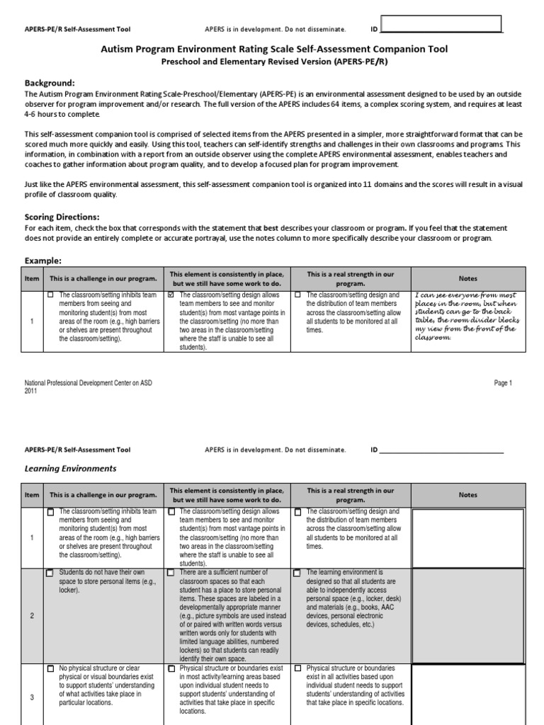 Apers-Pe Self Assessment Revised 2011 Fillable | PDF | Inclusion ...