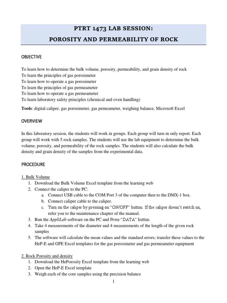 Porosity and Permeability LABORATORY | PDF | Porosity | Pressure
