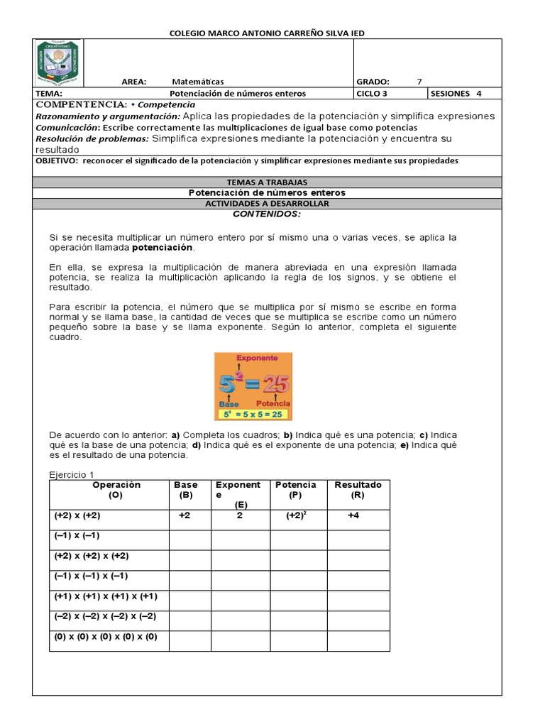 Potenciacion Numeros Enteros Grado 7 | PDF | Exponenciación ...
