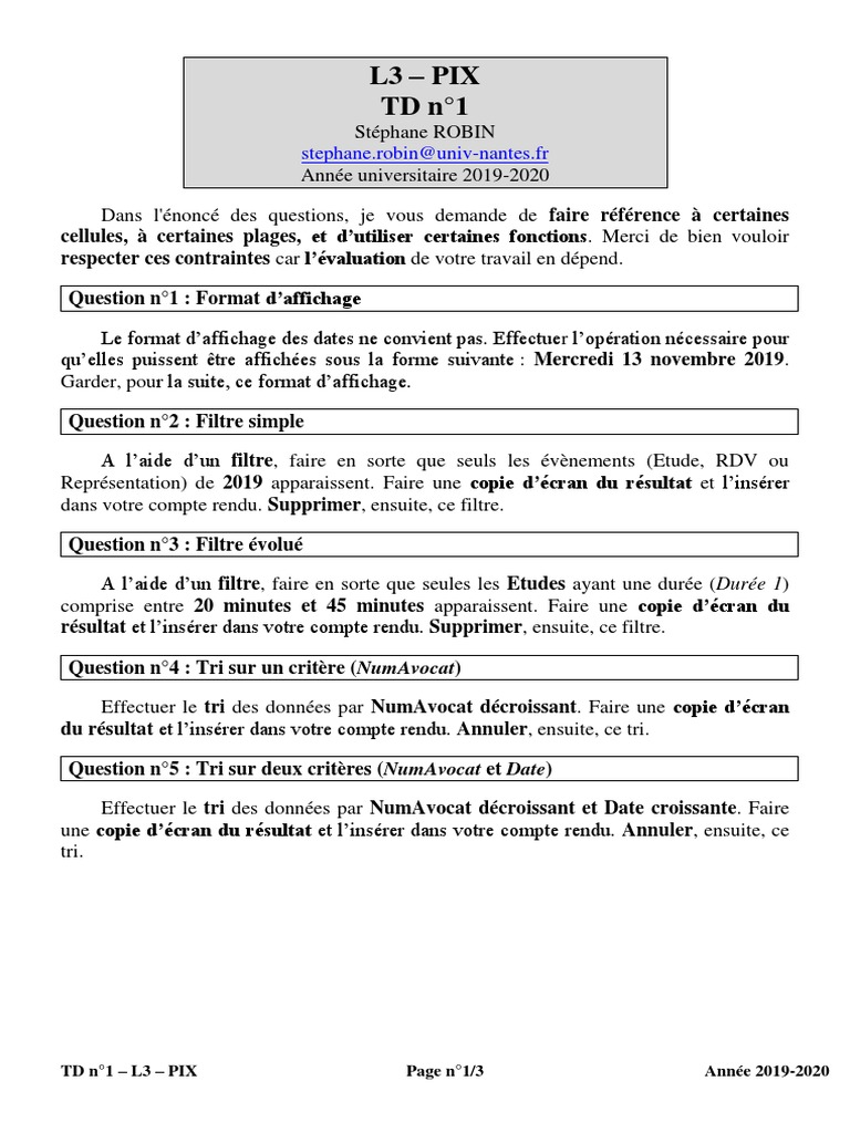 Enonce Tableur TD N°1 - L3 PDF | Descargar gratis PDF | Informatique et technologies de l ...
