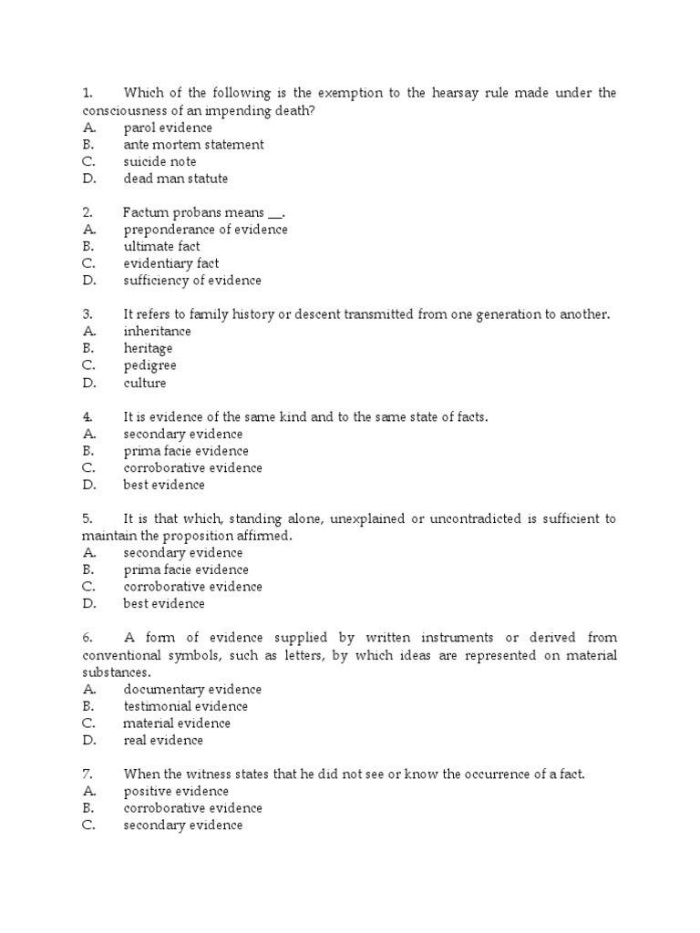 Legal Evidence and Hearsay Concepts Quiz | PDF | Evidence (Law) | Evidence
