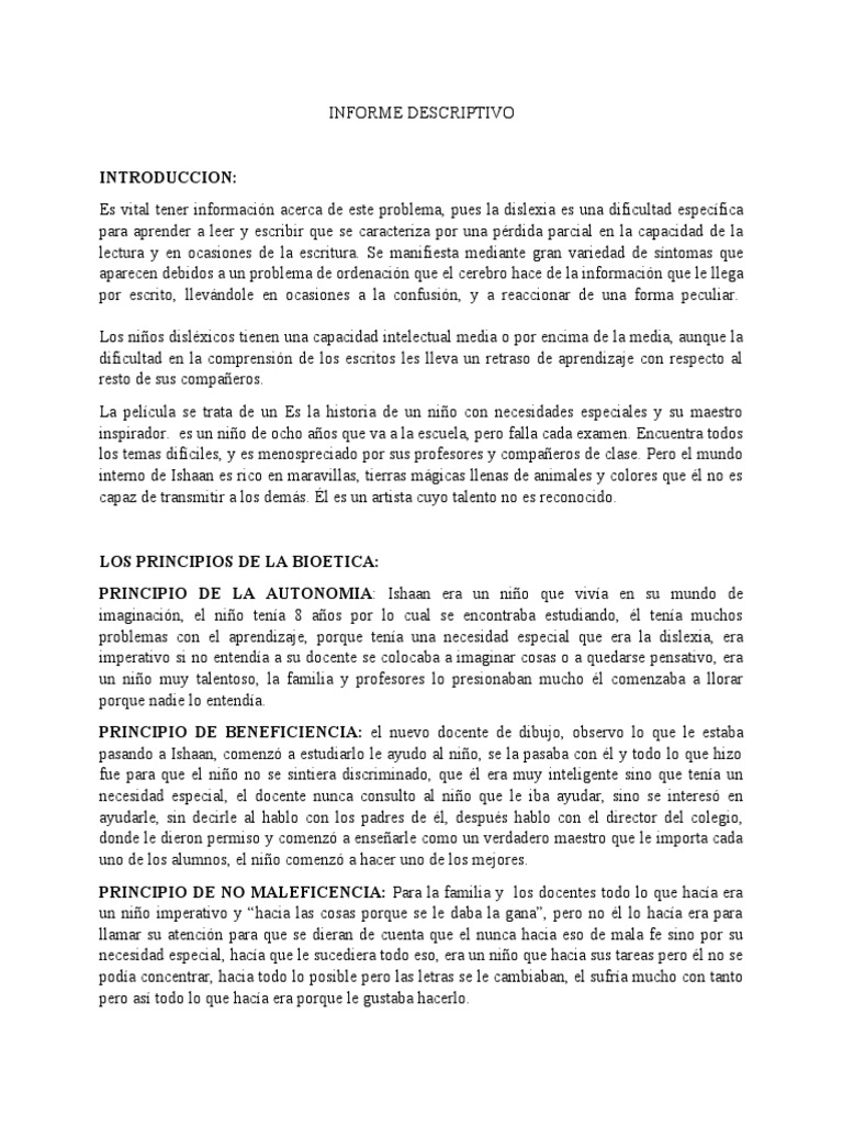 Informe Descriptivo | PDF | Dislexia | Aprendizaje