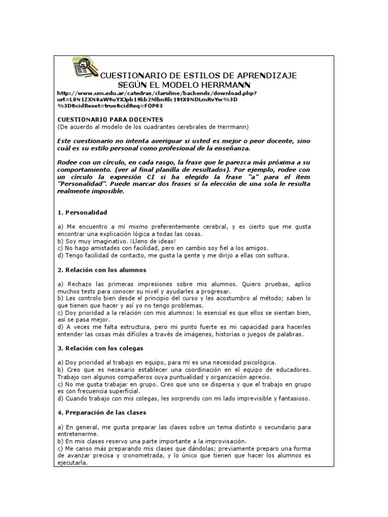Cuestionario Herrmann para Profesores | PDF | Evaluación | Aprendizaje