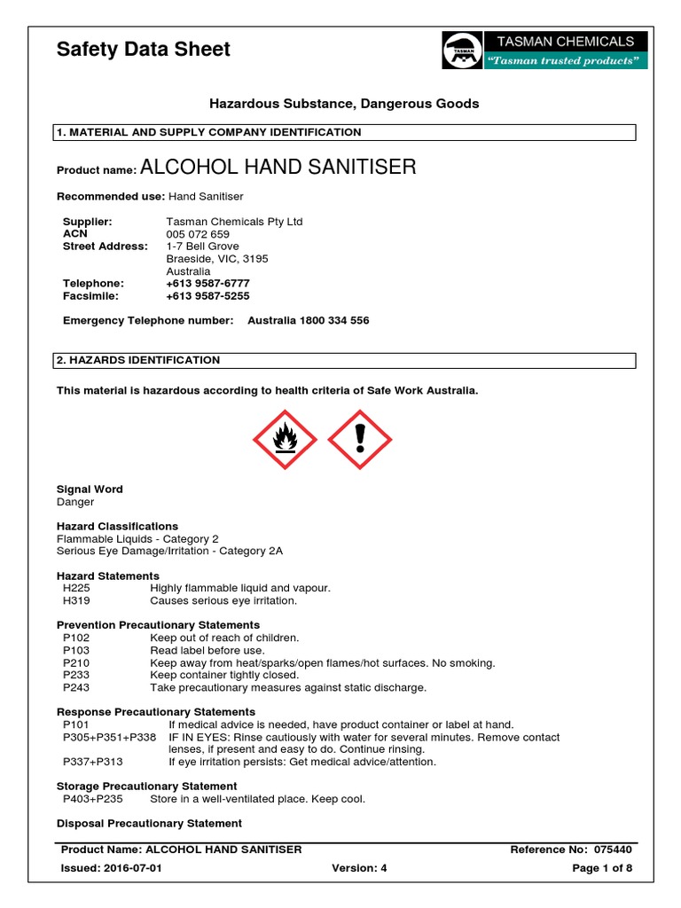 Alcohol Hand Sanitiser-Sds | PDF | Dangerous Goods | Toxicity