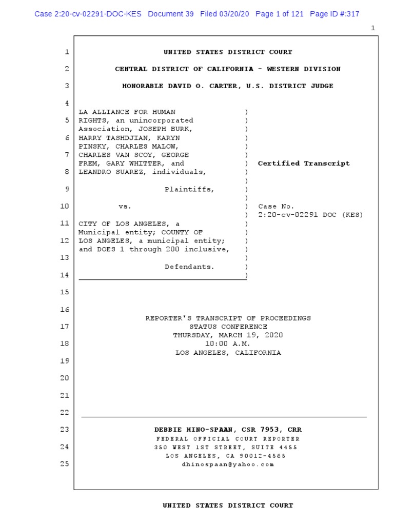 Transcript 3 19 20 - Judge Carter/County of Los Angeles & Homelessness ...
