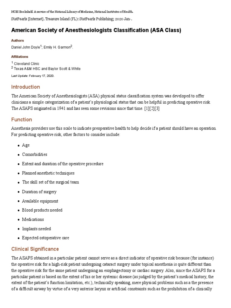 American Society of Anesthesiologists Classification (ASA Class ...