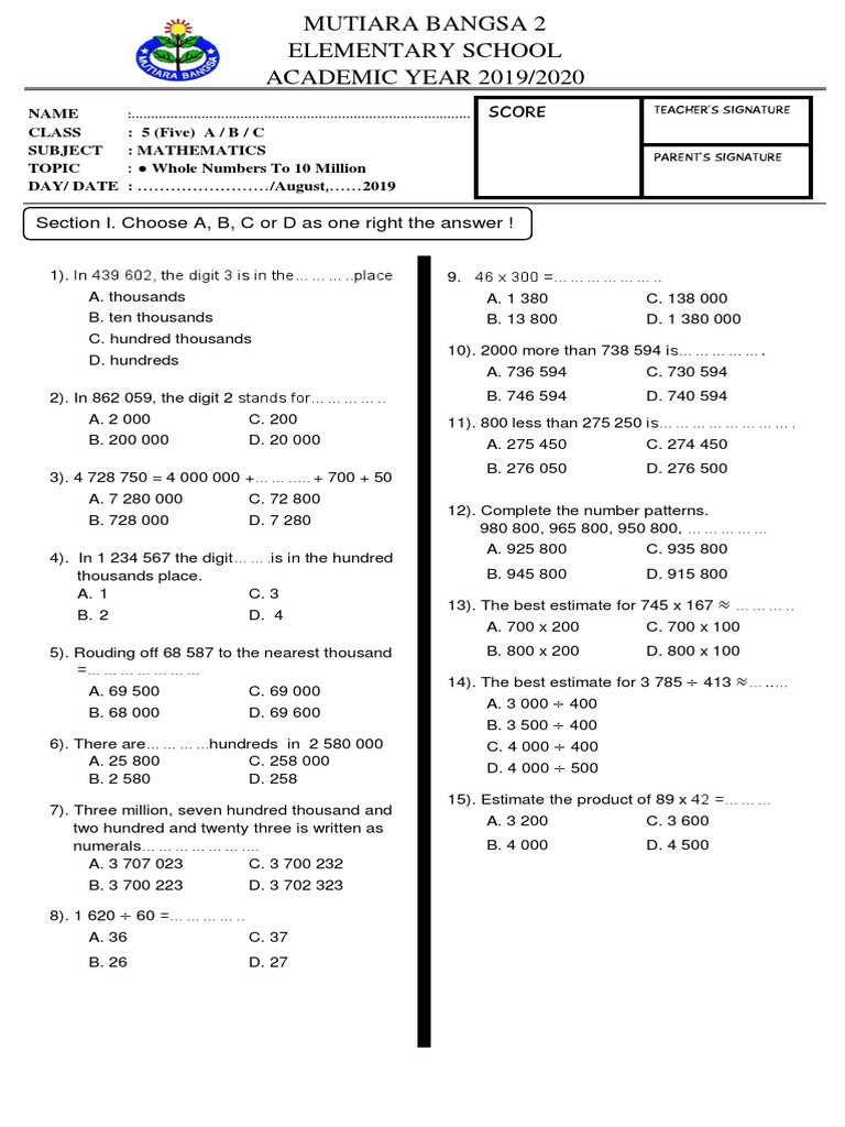 Maths Test Primary 5 Number 10 Milions Semester 1 2019 2020@ | PDF ...
