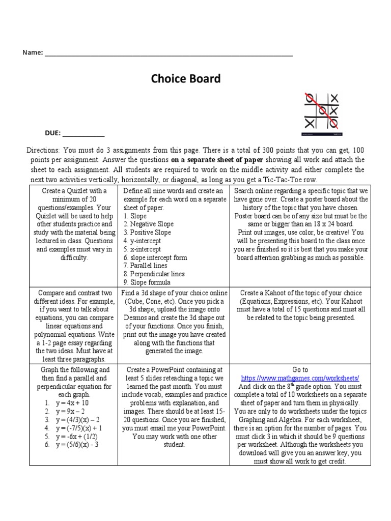 Dylan Trinh Choice Board | PDF | Slope | Worksheet
