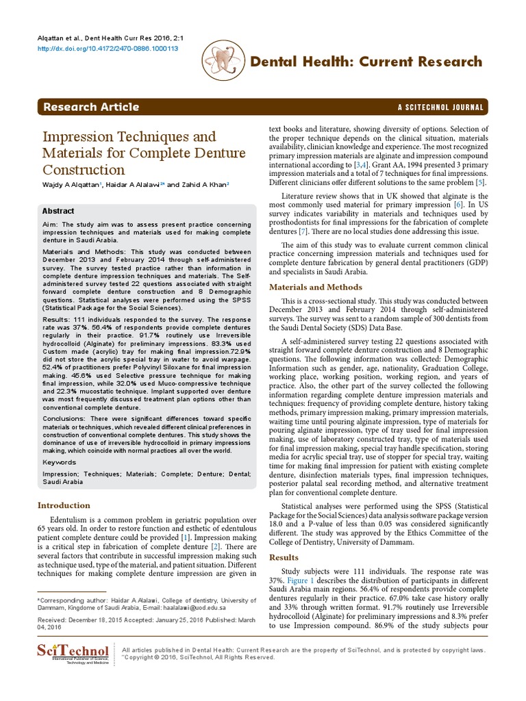 Impression Techniques and Materials For Complete Denture Construction ...