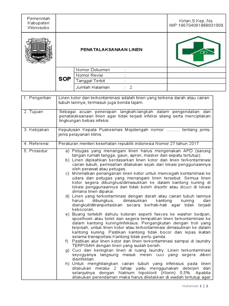 SOP Penatalaksanaan Linen | PDF