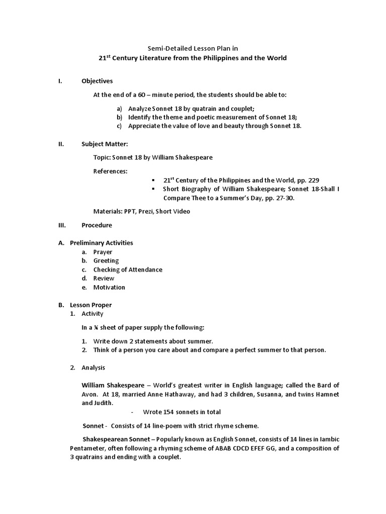 Lesson Plan Sonnet 18 | PDF | Sonnets | Shakespeare's Sonnets