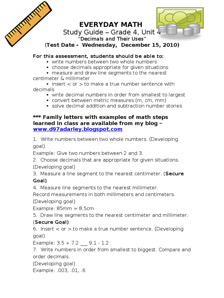 Study Guide - Grade 4, Unit 4: Everyday Math | PDF | Inch | Metre