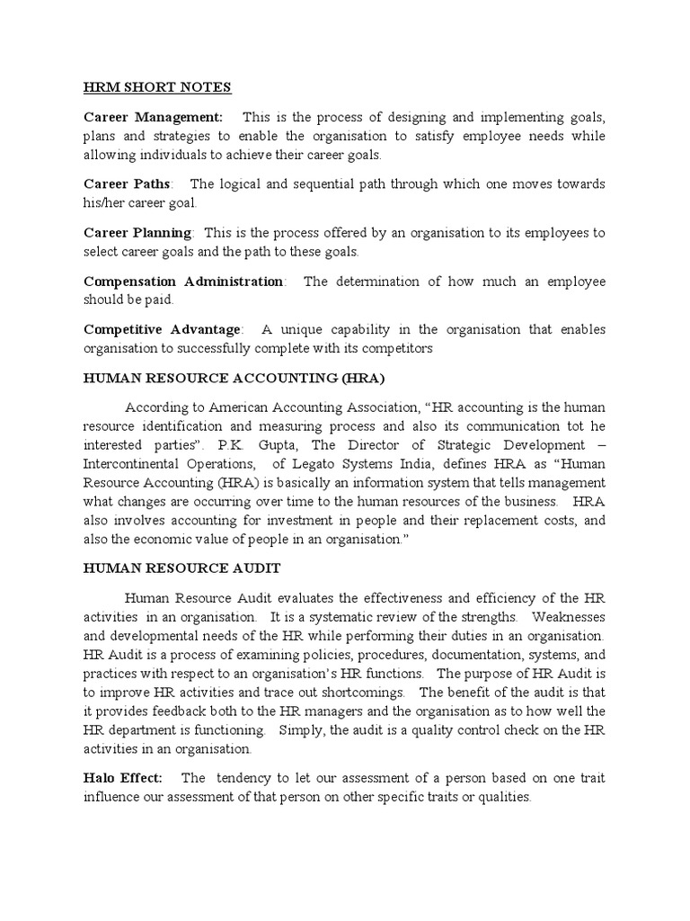 HRM Short Notes | PDF | Mentorship | Human Resources