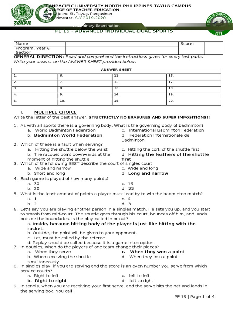 Panpacific University badminton preliminary exam | PDF | Table Tennis ...