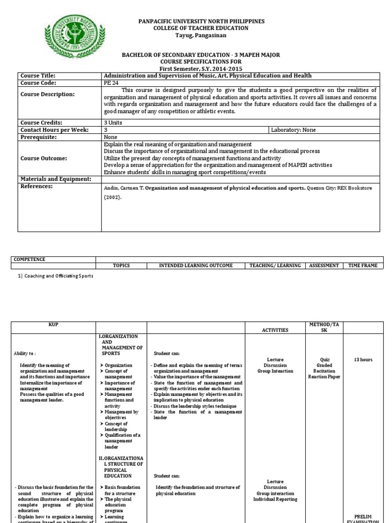 MAPEH Course Specs: Admin & Supervision | PDF | Physical Education ...