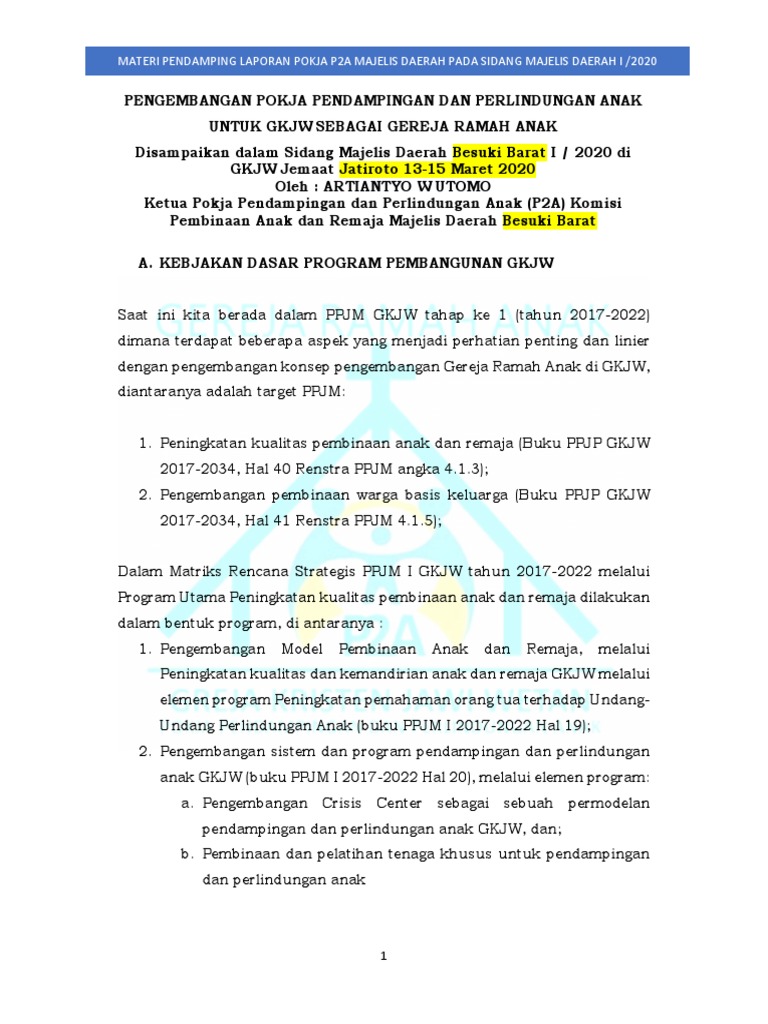 Konsep Pengembangan GKJW Sebagai Gereja Ramah Anak Melalui Penguatan Pokja P2A | PDF