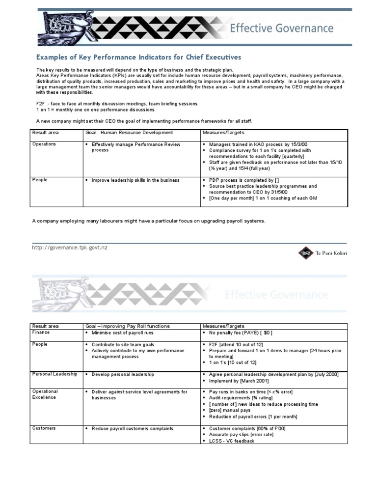 Examples of Key Performance Indicators For Chief Executives | PDF ...