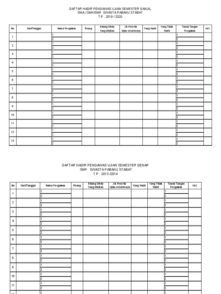 Daftar Hadir Pengawas Ujian Semester | PDF