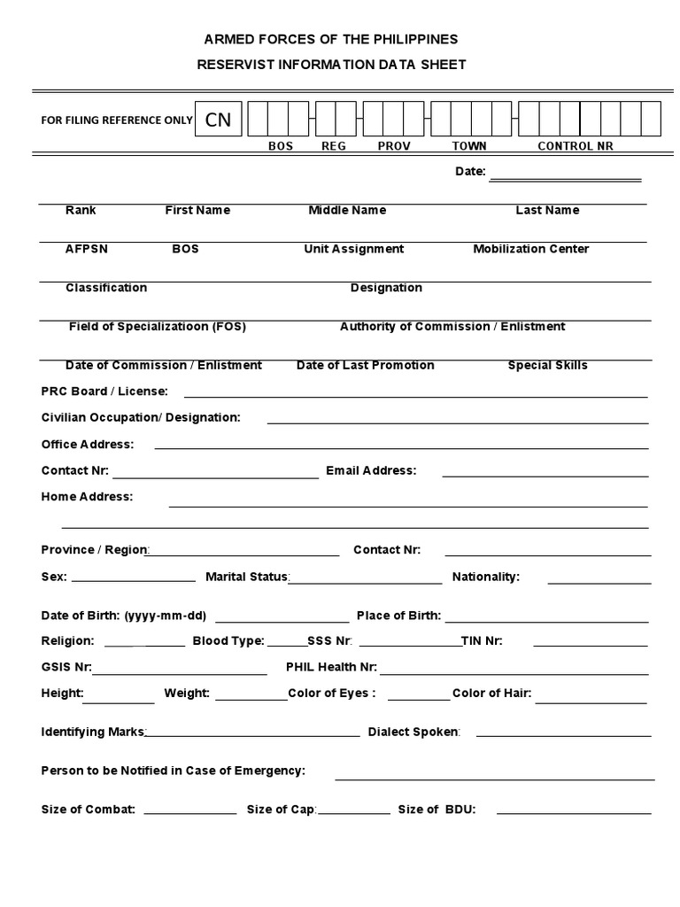 Reservist Infor Data Sheet New 2016 Blank | PDF | National Security ...