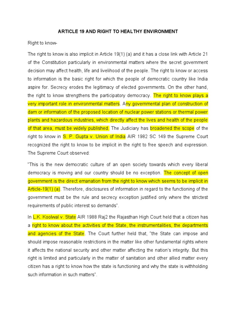 Article 19 and Right To Healthy Environment | PDF | Supreme Court Of ...